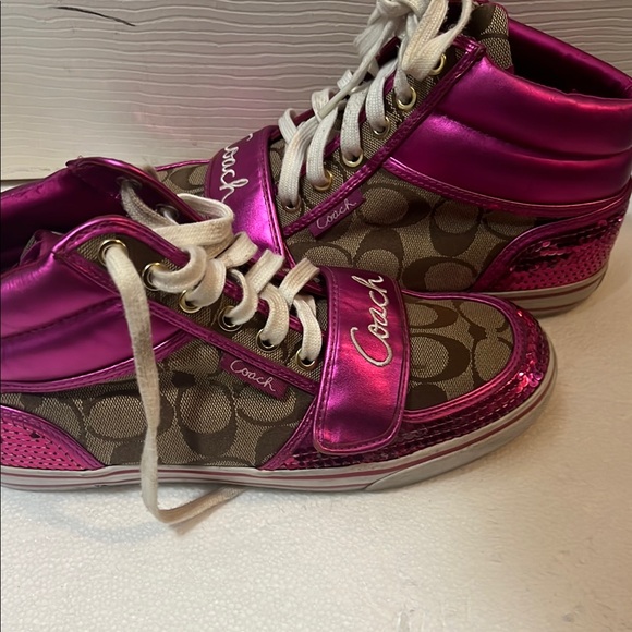Coach | Shoes | Coach Pink And Brown Hightop Sneakers | Poshmark